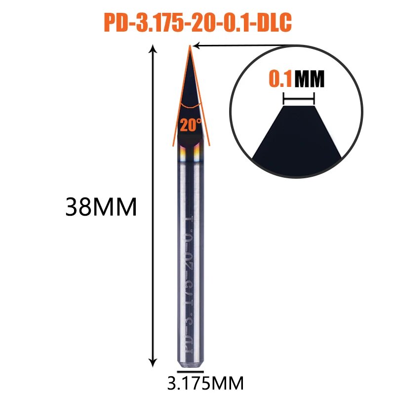 Dreanique 1 шт. DLC-покрытие, хвостовик 3,175 мм, V-образная фреза с плоским дном JD-3.175-20-0.1