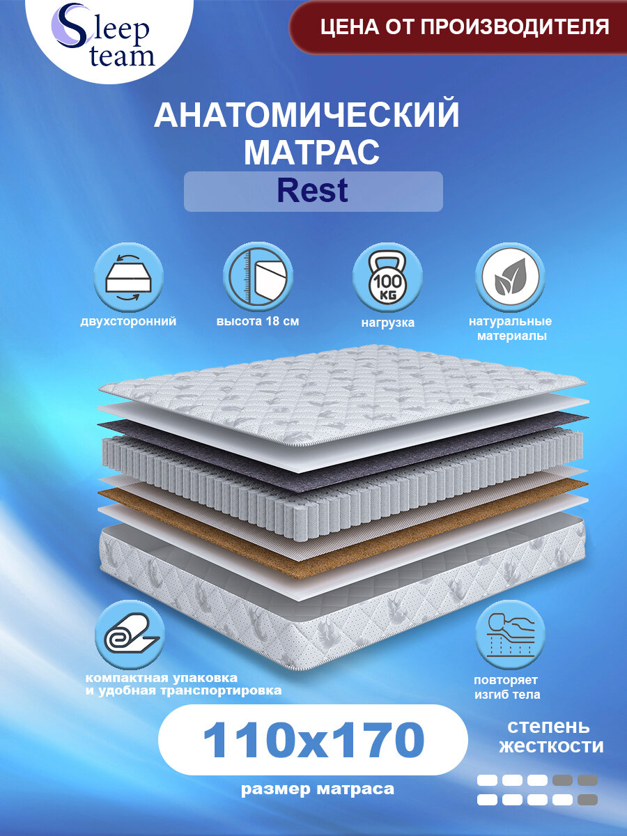 Матрас пружинный SleepTeam Rest 110х170, с независимыми пружинами, высота 20 см, односпальный