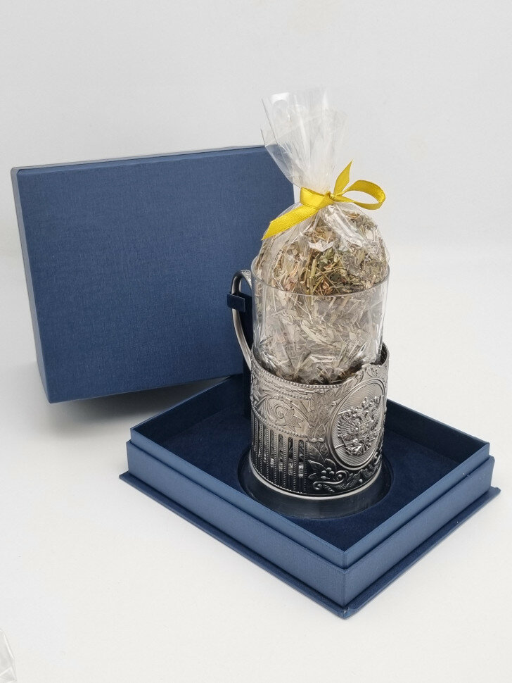 Подстаканник "Герб РФ" стакан хрусталь с Краснополянским чаем в футляре