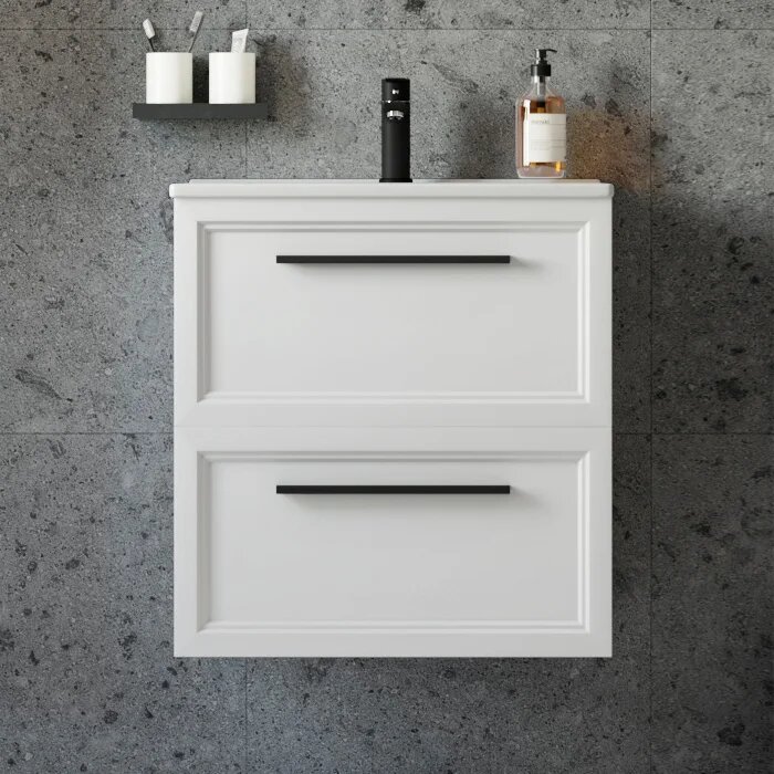 Тумба с раковиной STWORKI Эстерсунд 60 подвесная, 60, 9 см, белая, матовая, из МДФ, с ящиками, раковина для ванной фарфоровая, прямоугольная, встроенный слив-перелив