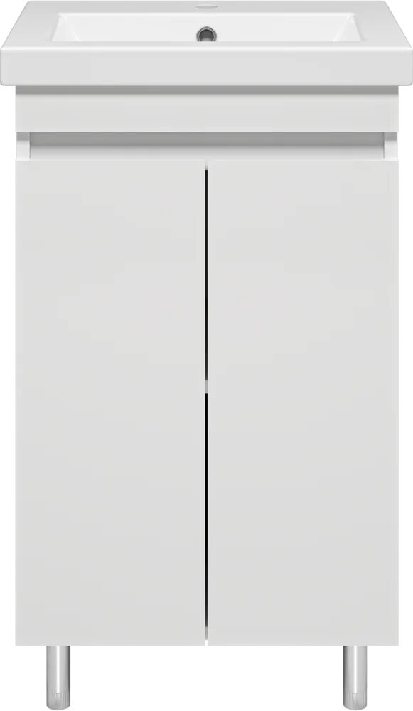 Тумба с раковиной Misty Енисей 50 напольная, 50 см, белая, глянцевая, из МДФ, с дверками, раковина для ванной фарфоровая, прямоугольная, встроенный слив-перелив