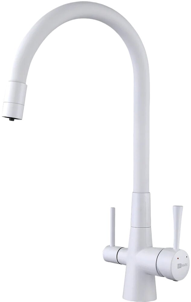 Смеситель для кухни Lemark Comfort LM3075W с гибким изливом, с краном для питьевой воды, с поворотным изливом, белый, глянцевый, однорычажный, латунный, с керамическим картриджем