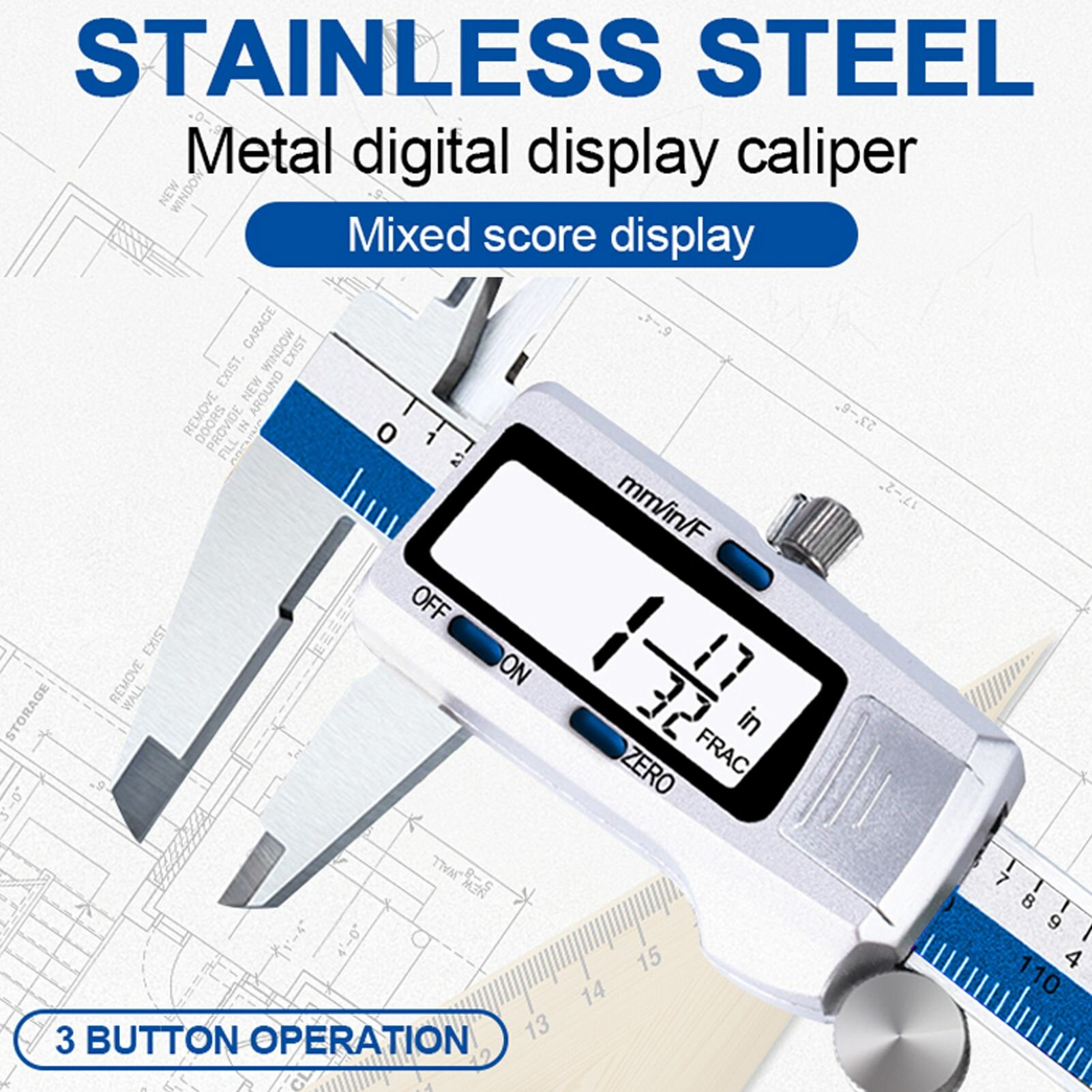 Электронный цифровой штангенциркуль из нержавеющей стали, измерительный инструмент, электронный микрометр, штангенциркуль с большим ЖК-экраном, 3 переключаемые единицы измерения