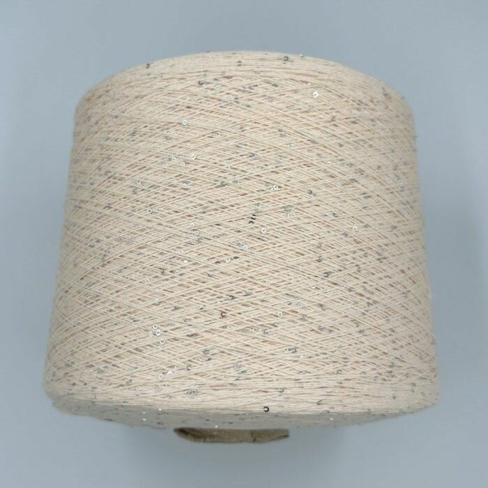 Пряжа Пайетки 2мм на хлопке 2-100 экрю (крем) с серебристыми пайетками с5Д (200г)