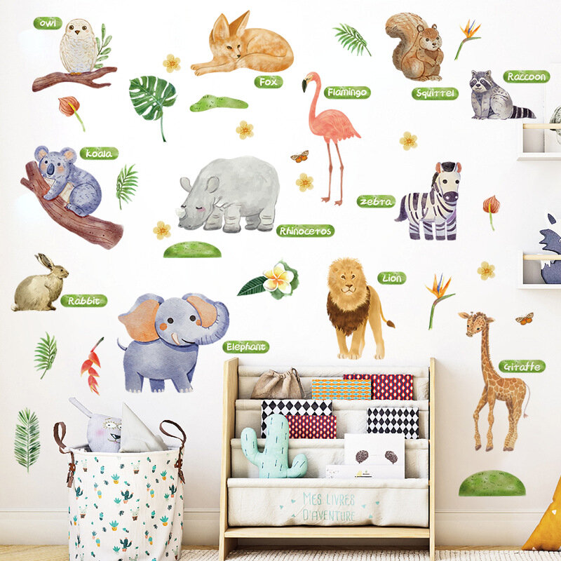 Наклейки на стену с мультяшными животными, самоклеящиеся ПВХ-наклейки для детской комнаты, класса, слон, жираф, лев, лиса, коала, кролик для декора детской спальни