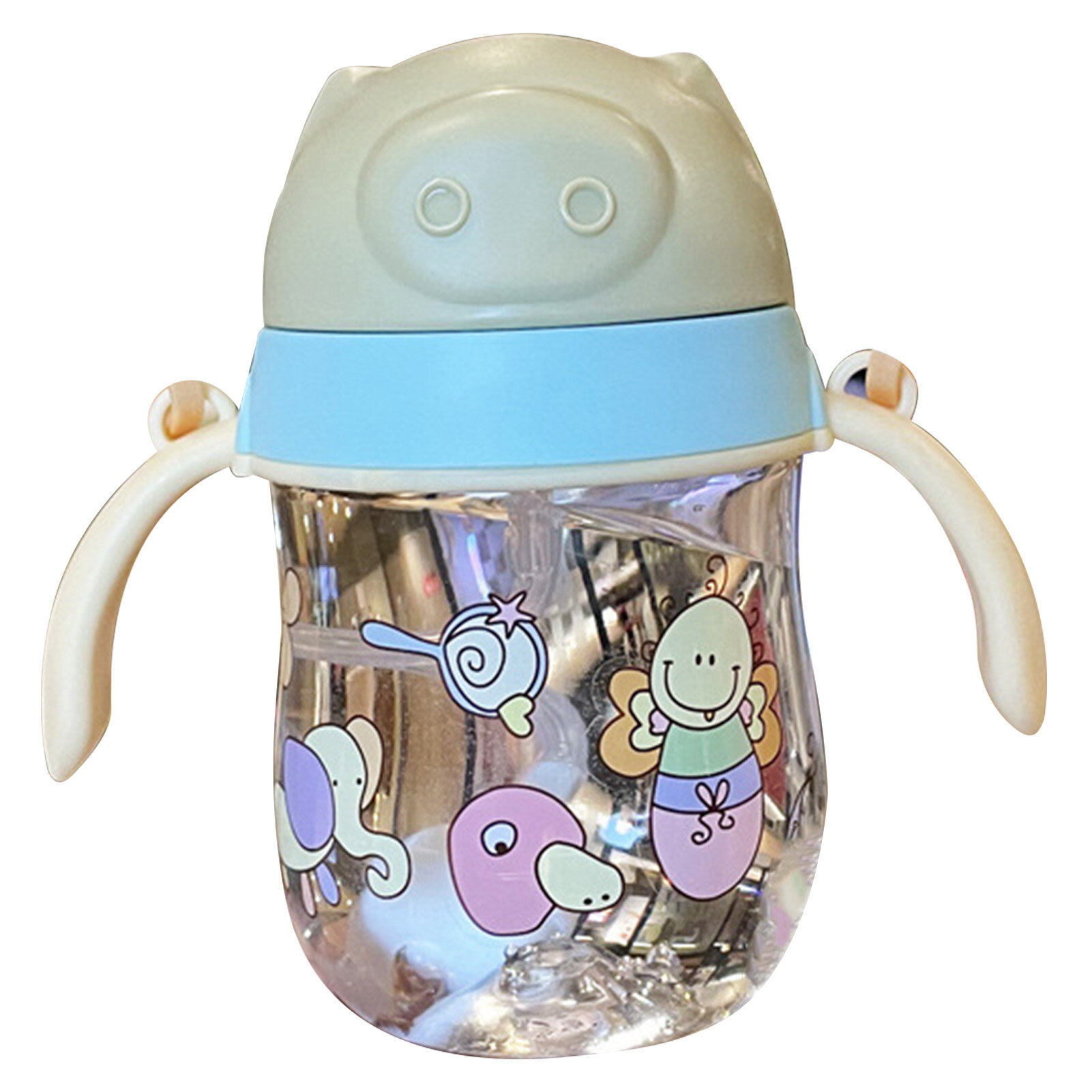 Детская чашка с трубочкой 380 мл с ручками для малышей, предотвращение протеканий, устойчивость к падениям, зеленая, для прогулок