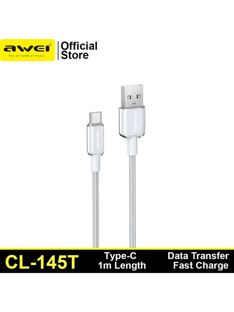 Кабель Awei CL-145T, Type-C, длина 1 м, выходная мощность 9 В/2 А, быстрая зарядка