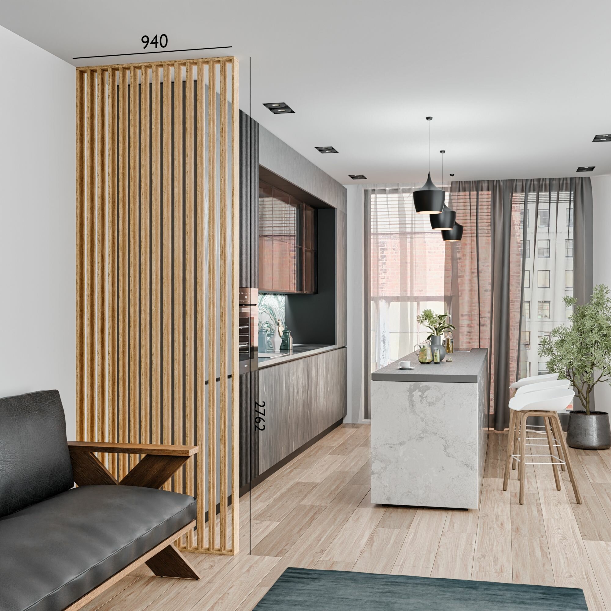 Реечная перегородка для зонирования 940 мм, 16х80мм, дуб сонома