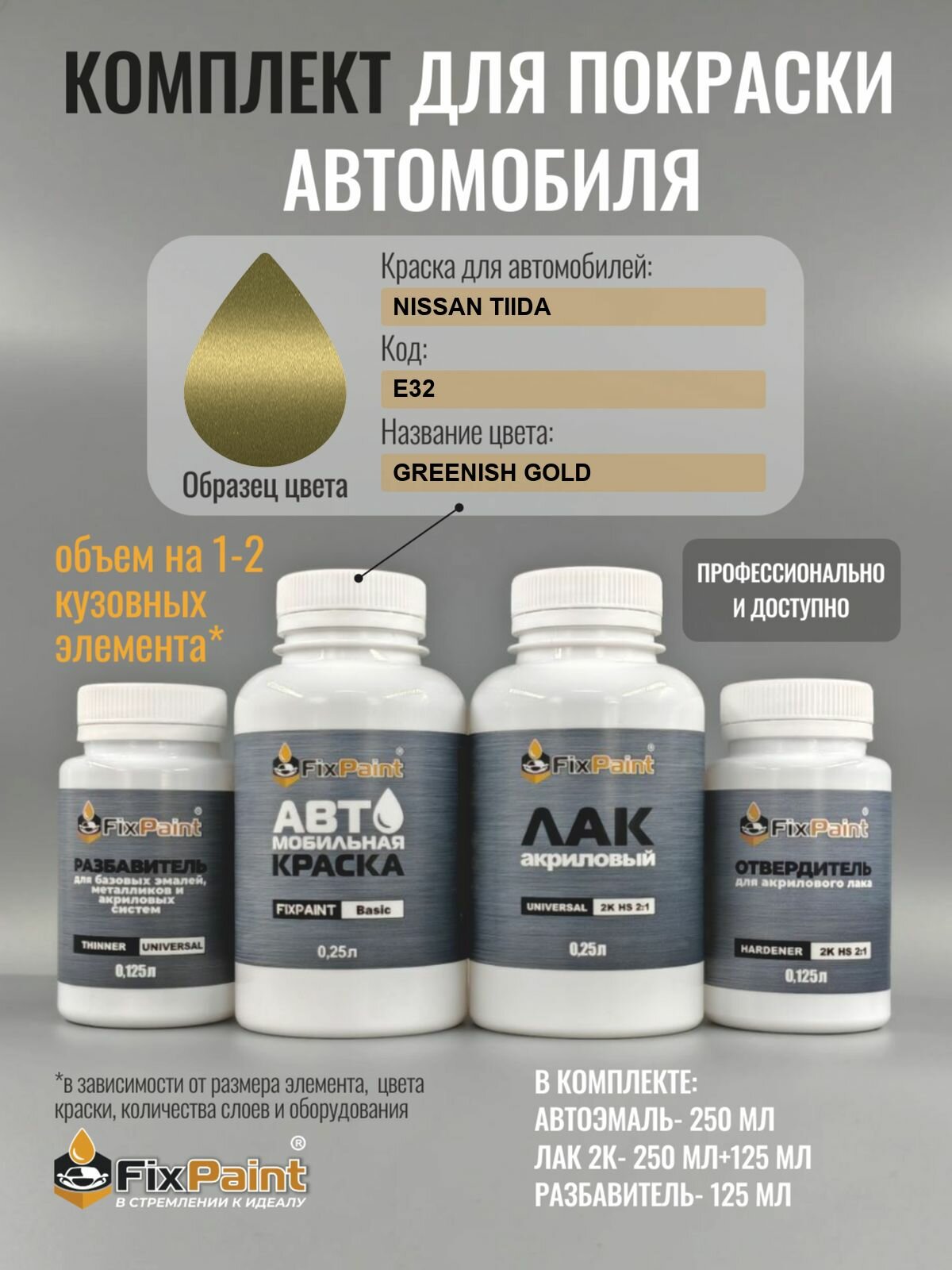 Комплект для покраски NISSAN TIIDA, код E32, GREENISH GOLD, базовая автомобильная краска 250 мл, лак 2K 250 мл с отвердителем, разбавитель 125 мл, FixPaint Pro