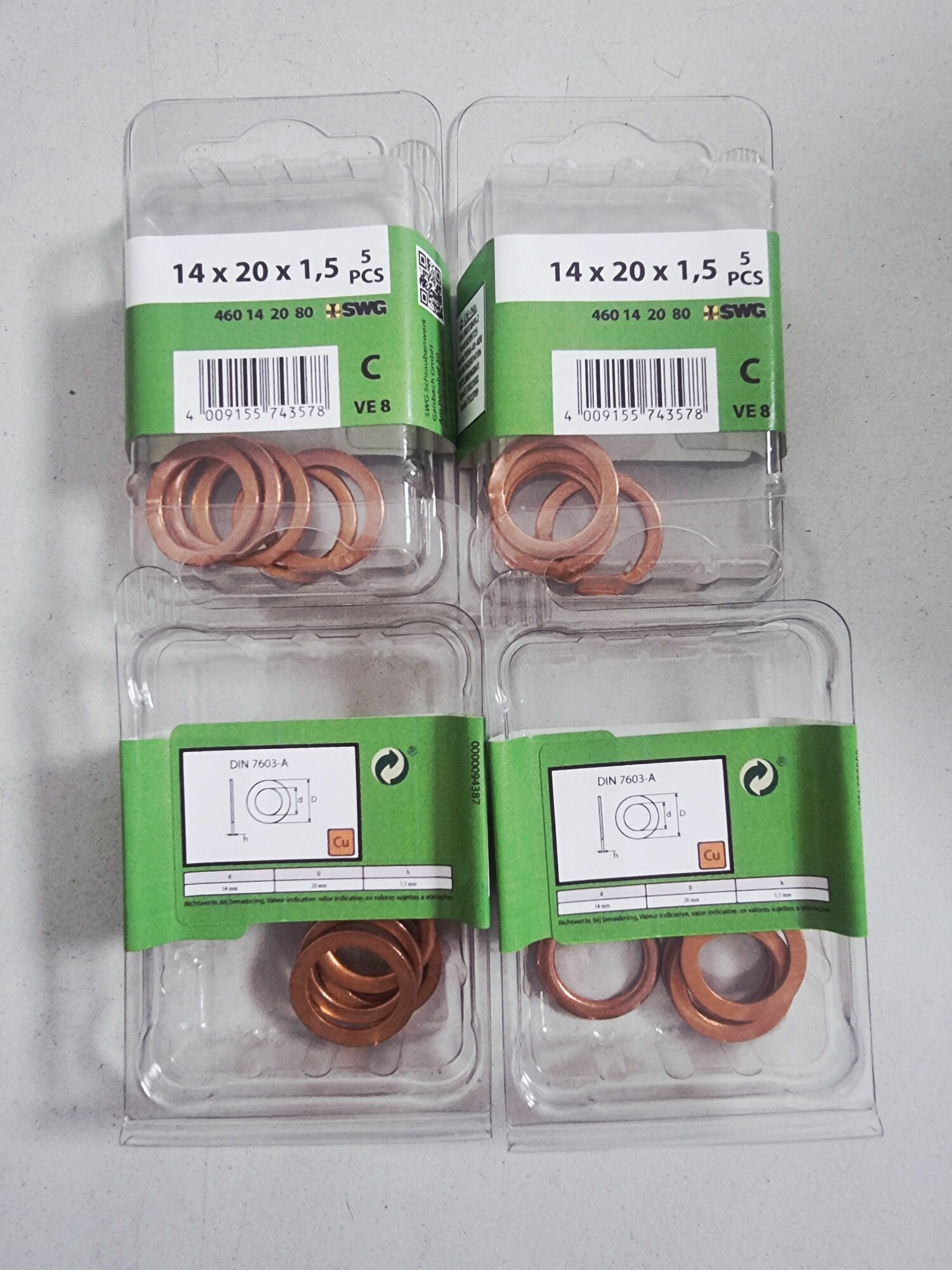 Шайба (кольцо) в блистере уплотнительное медное 14*20*1,5 мм (5шт-1уп*4 уп) SWG, Германия