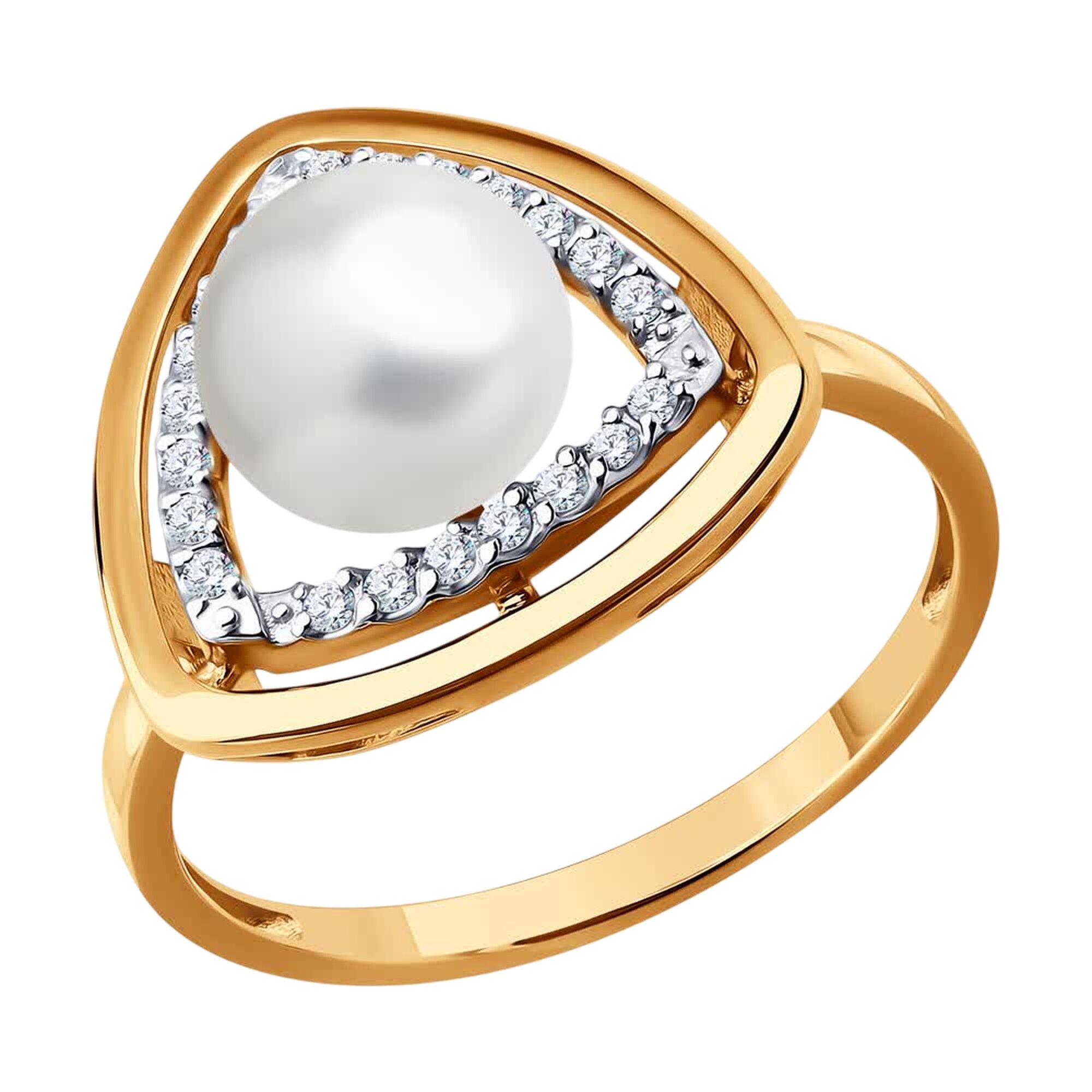 Кольцо, красное золото, 585 проба, фианит, жемчуг