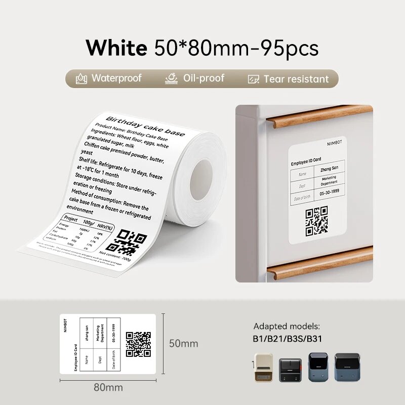 NIIMBOT рулон водонепроницаемых наклеек для принтеров B21 B3S B1 B31 50x80-95-White