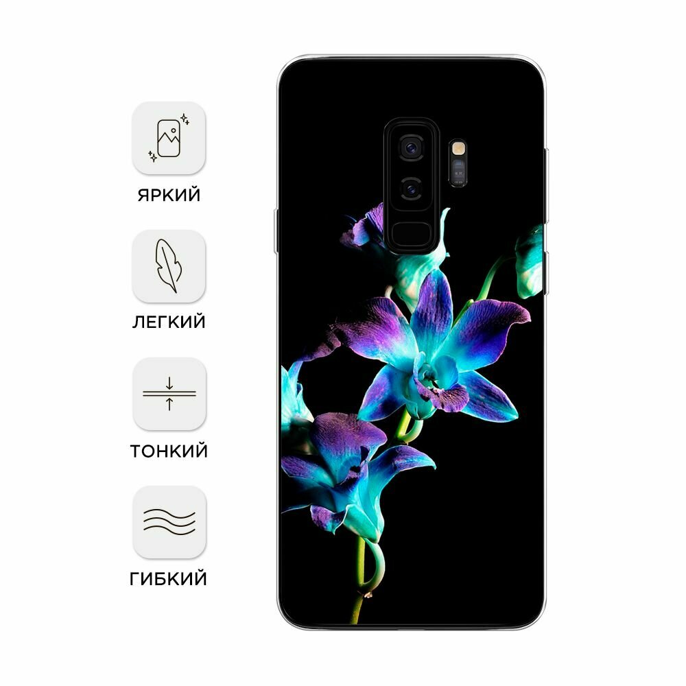 Чехол на Samsung Galaxy S9 + / Самсунг Галакси С9 Плюс с принтом "Синий цветок на черном" — фото 1
