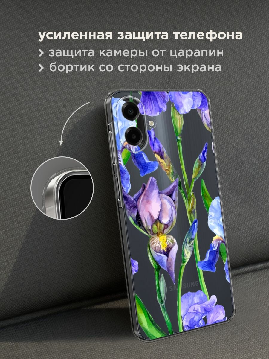 Чехол на Samsung Galaxy A07 / Самсунг А07 с принтом "Синие ирисы", прозрачный — фото 1
