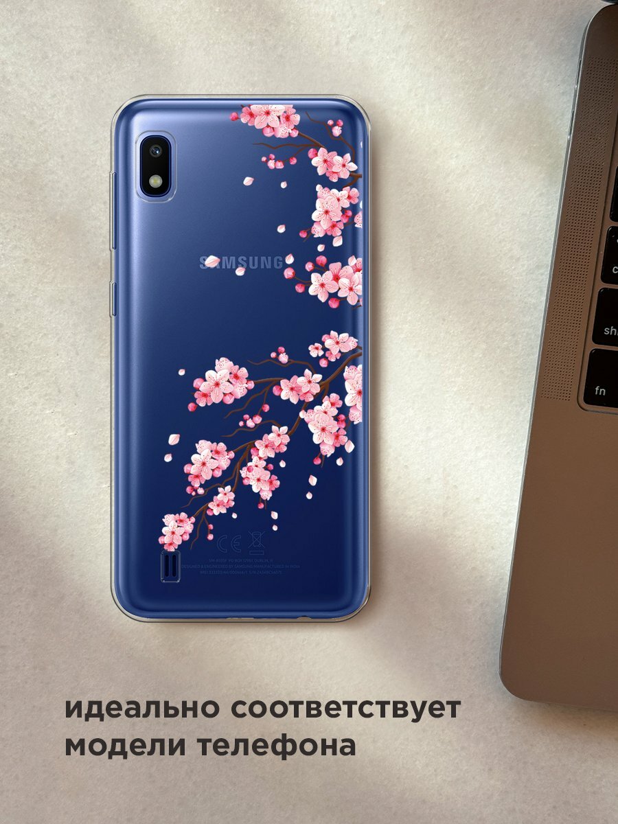Чехол на Samsung Galaxy A10 / Самсунг Галакси А10 с принтом "Цветущая ветка сакуры рисунок", прозрачный — фото 1