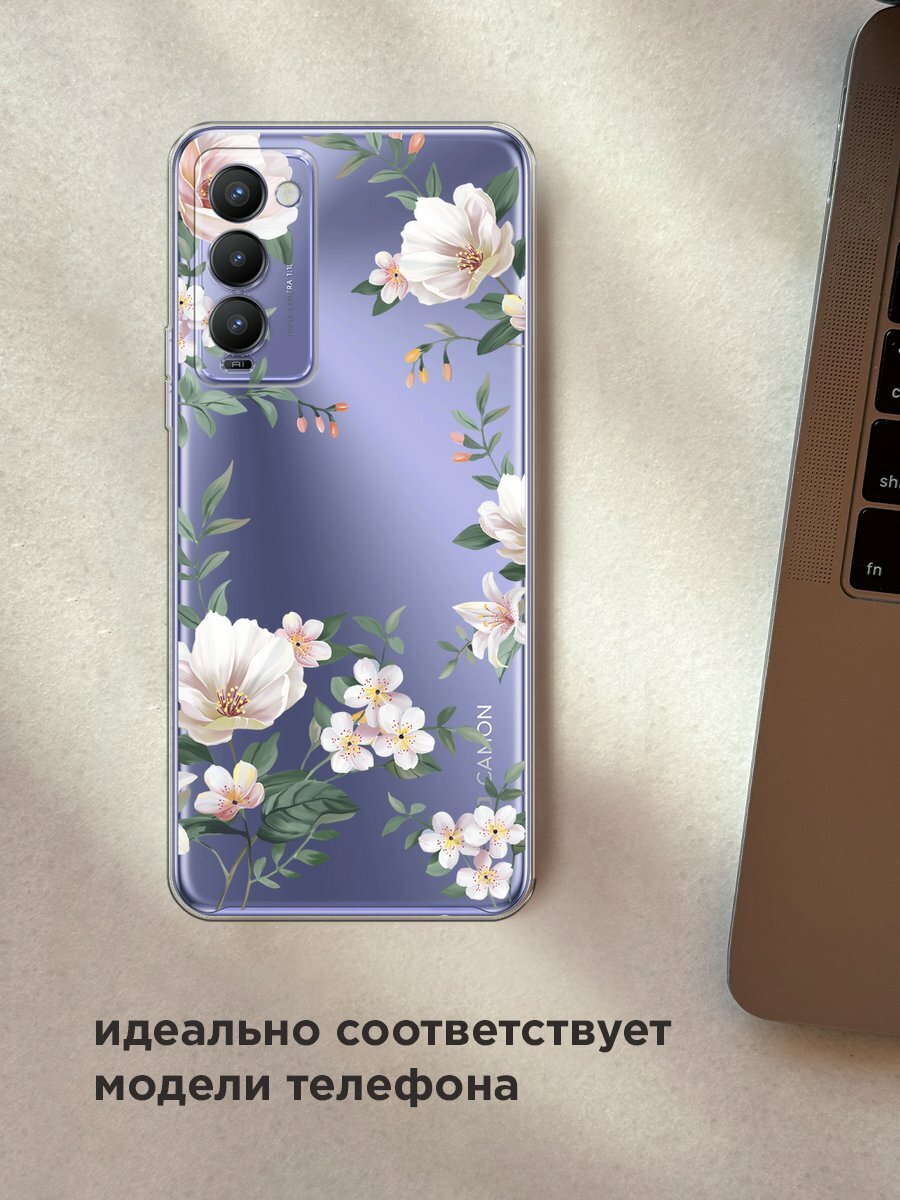 Чехол на Tecno Camon 18/18T / Текно Камон 18/18T с принтом "Beautiful white flowers", прозрачный — фото 1