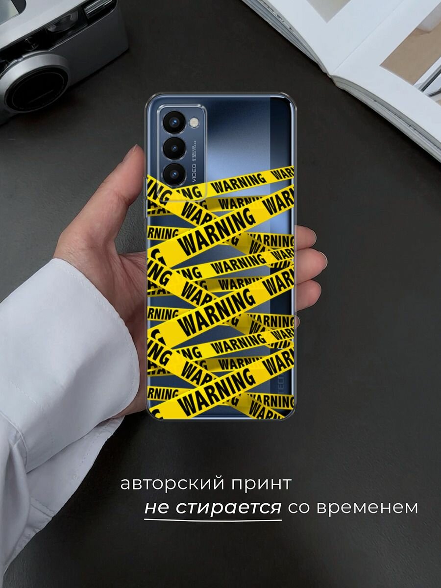 Чехол на Tecno Camon 18P / Техно Камон 18Р с принтом "Warning!", прозрачный — фото 1