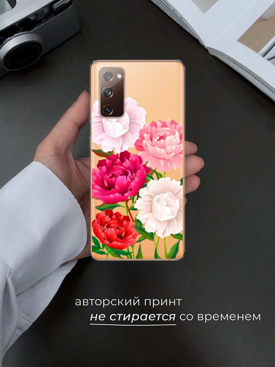 Чехол на Samsung Galaxy S20 FE / Самсунг Галакси S20 FE с принтом "Большие пионы", прозрачный — фото 1