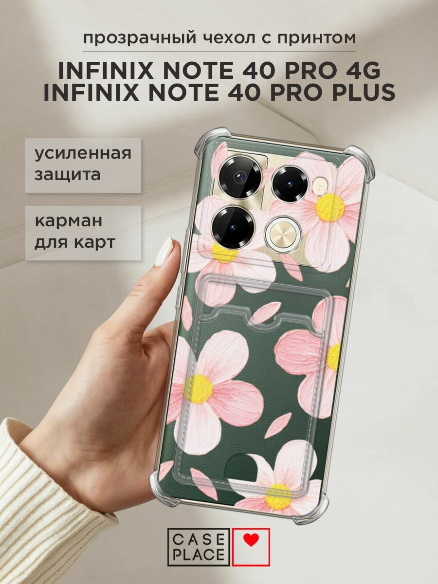 Чехол на Infinix Note 40 Pro 4G/40 Pro Plus (Инфиникс Нот 40 Про 4G/40 Про Плюс) с картой и принтом "Розовые ромашки"
