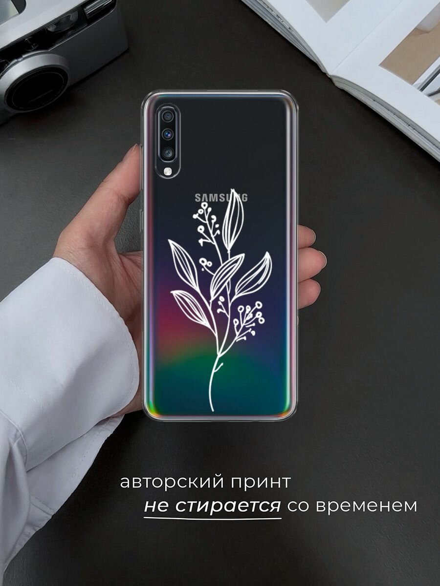 Чехол на Samsung Galaxy A70 / Самсунг Галакси А70 с принтом "Ветка с листочками и цветами", прозрачный — фото 1
