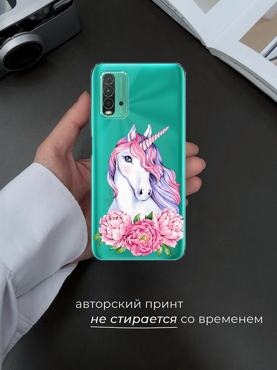 Чехол на Xiaomi Redmi 9T / Сяоми Редми 9Т с принтом "Единорог с пионами", прозрачный — фото 1