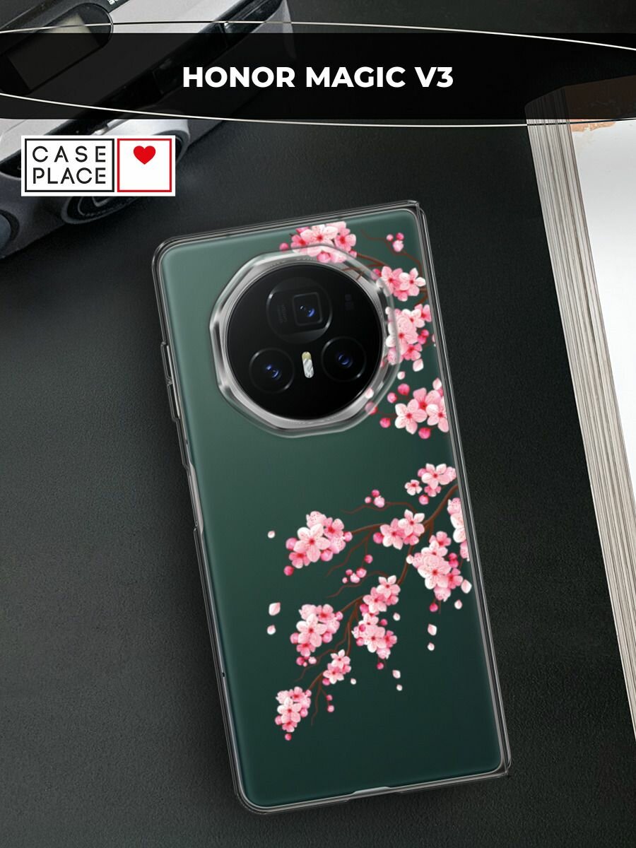 Чехол на Honor Magic V3 / Хонор Мэджик V3 с принтом "Цветущая ветка сакуры рисунок", прозрачный