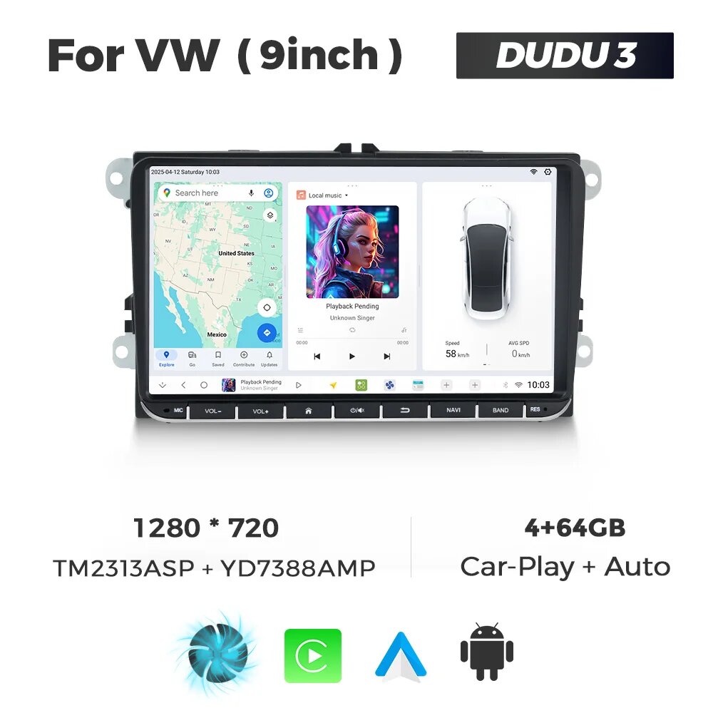 Автомагнитола DUDUAUTO DUDU7 с Android 13, CarPlay, Auto, Smart Systems для VW Passat, Golf, Polo, Jetta, Skoda с физическими кнопками