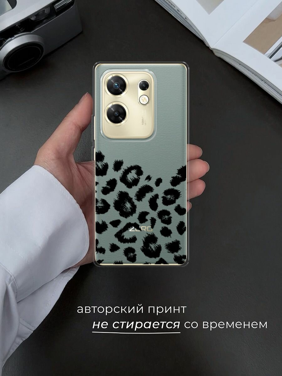 Чехол на Infinix Zero 30 4G / Инфиникс Зеро 30 4G с принтом "Окрас леопарда фон черный", прозрачный — фото 1