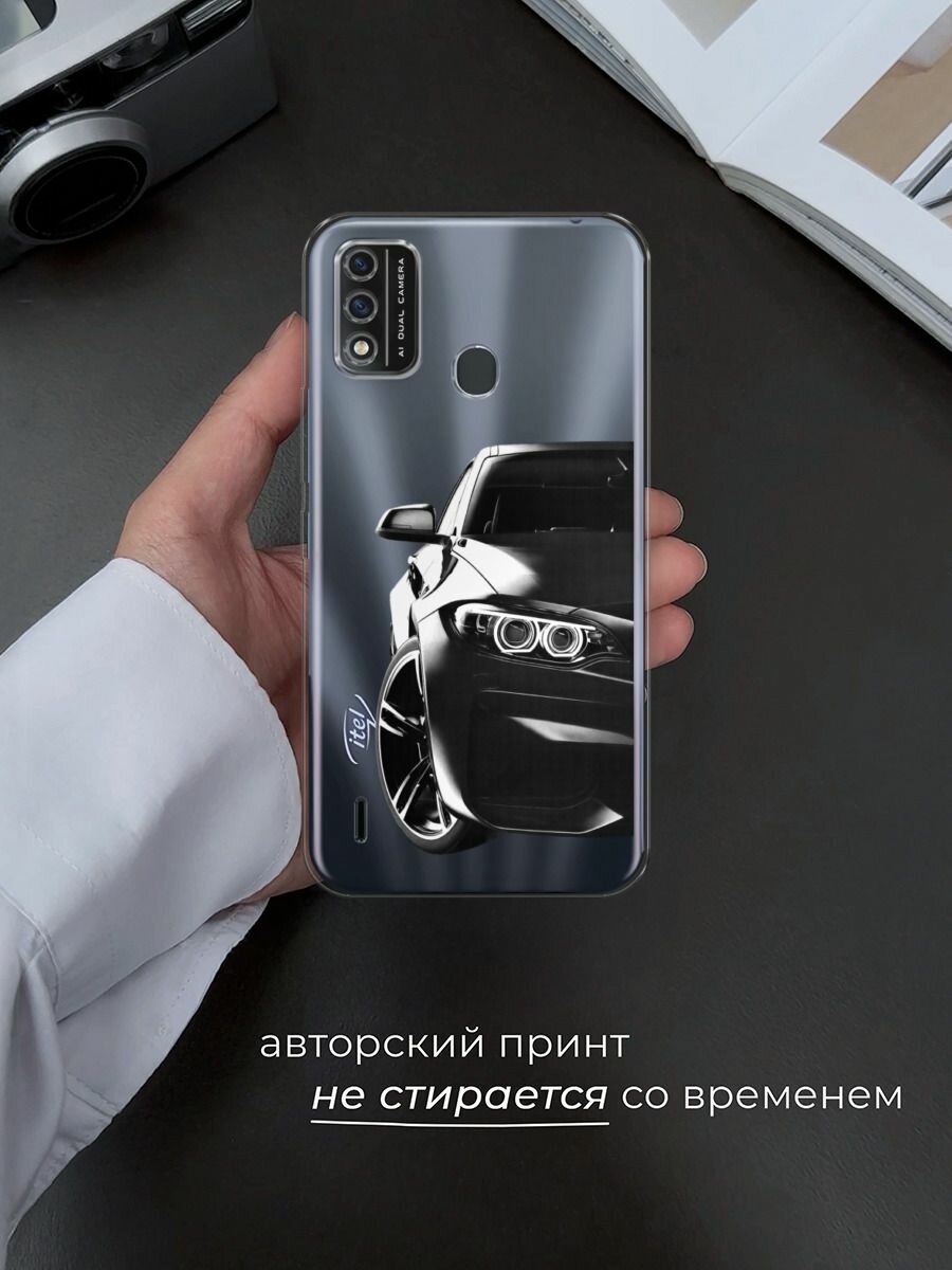 Чехол на Itel A48 / Ител А48 с принтом "Крутая черная машина", прозрачный — фото 1