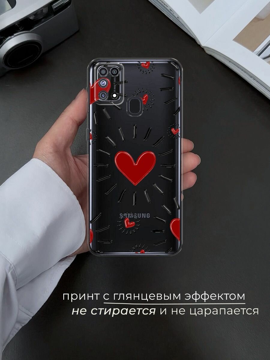 Чехол на Samsung Galaxy M31 / Самсунг Галакси М31 с принтом "Бордовые сердца паттерн" — фото 1