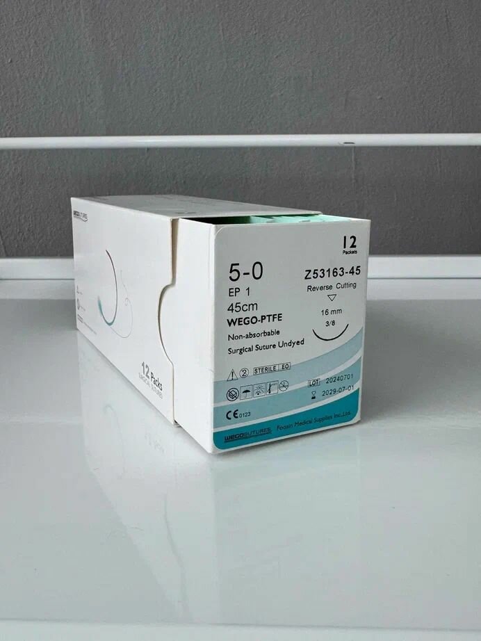 Птфэ, материал хирургический шовный, 5/0, 45 см, игла обратно-режущая, 3/8, 16 мм, неокрашенный.