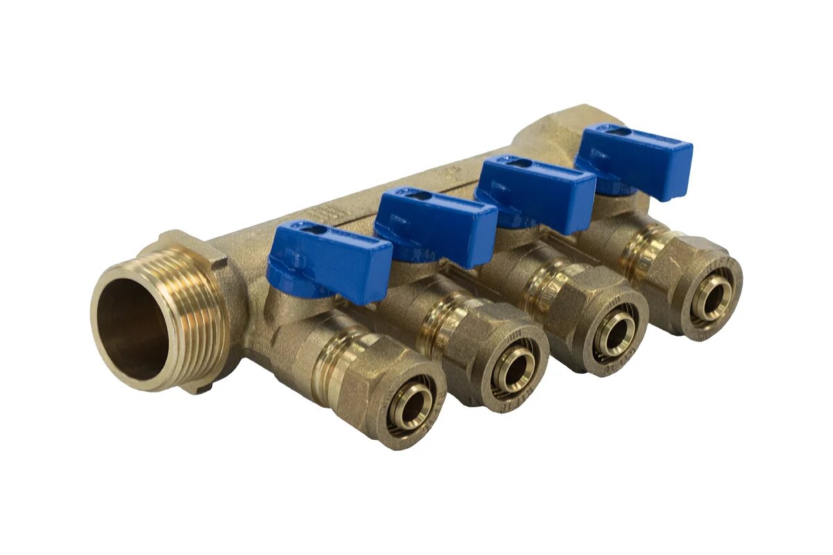Millennium коллектор с кранами и цангами 1' x 16 цангов, 2 выхода, синие ручки KSS021016