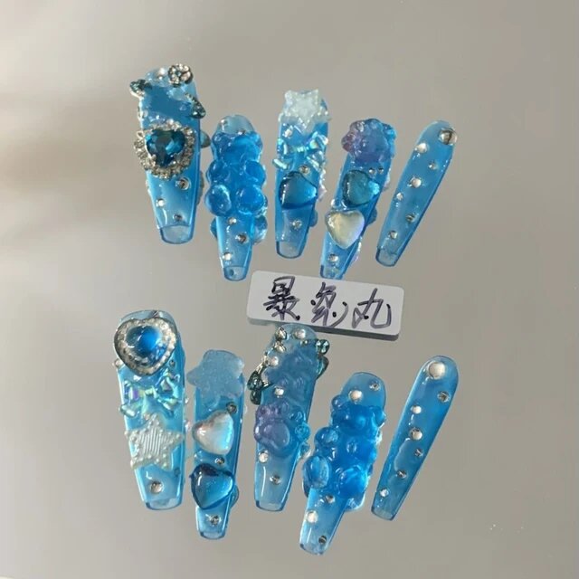 Набор из 10 горячих длинных заостренных ногтей ручной работы в форме гроба, полностью покрывающих ногти, накладные ногти Sanrio KT с металлической цепочкой и сверкающими бриллиантами в виде цветка, Размер: XS-14-10-11-10-8