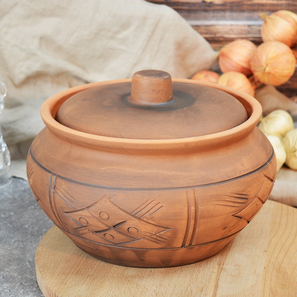 Жаровня глиняная 3л с крышкой, коричневая, молочение, сохраняет вкус, для запекания