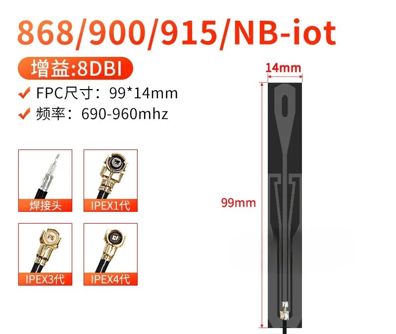 Антенна 868/900/915/NB-IoT, 8dBi, FPC 99x14mm, ipex1