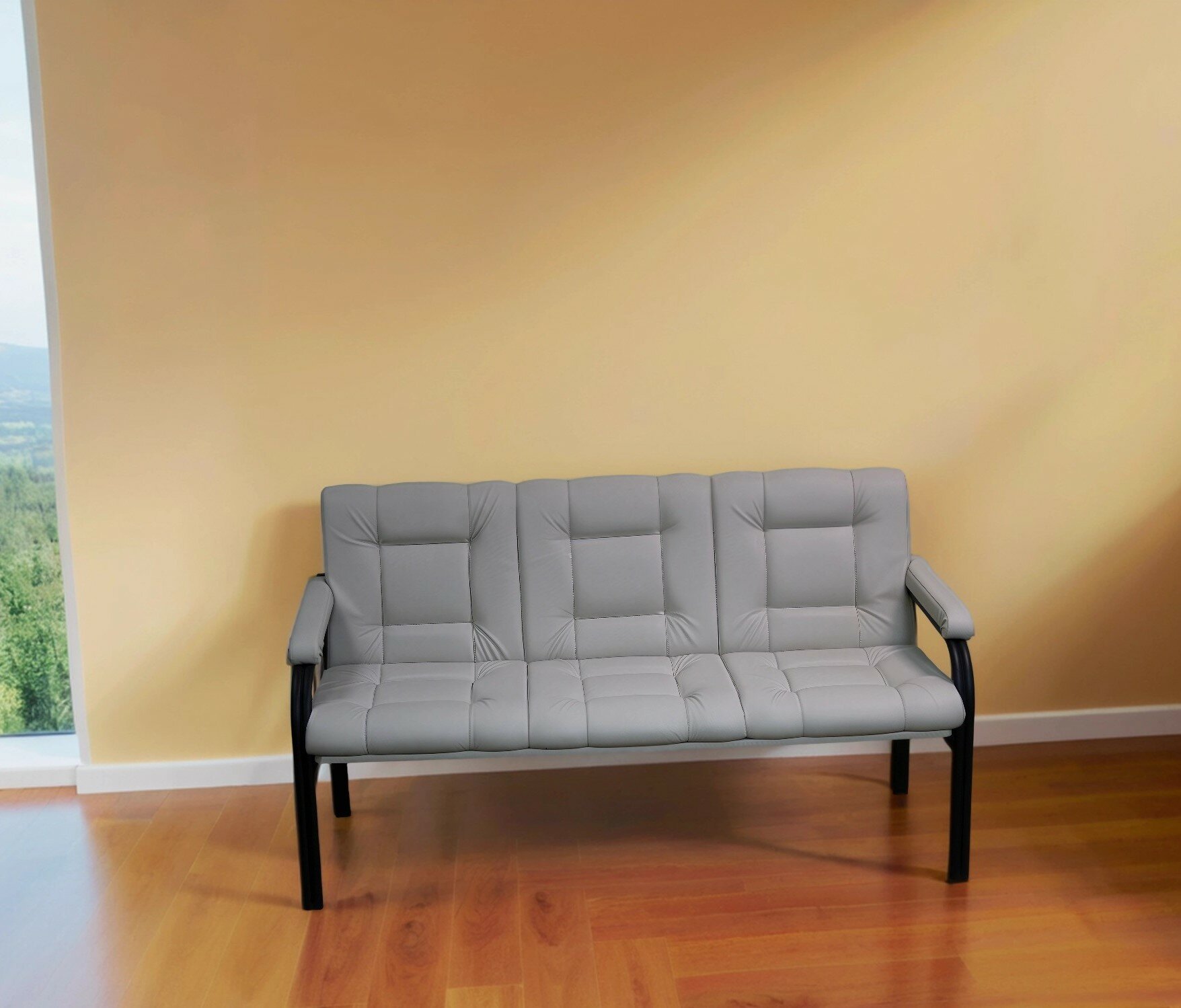 Диван офисный,"Сириус Сенатор", 3х местный, ЭкоКожа Бежевая, стальной разборный каркас. На кухню, на дачу, в прихожую.