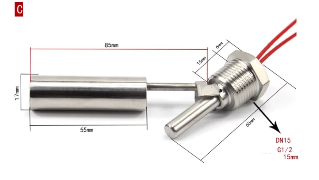 Герконовый датчик уровня 0-220В DN15-15, max temperature 200