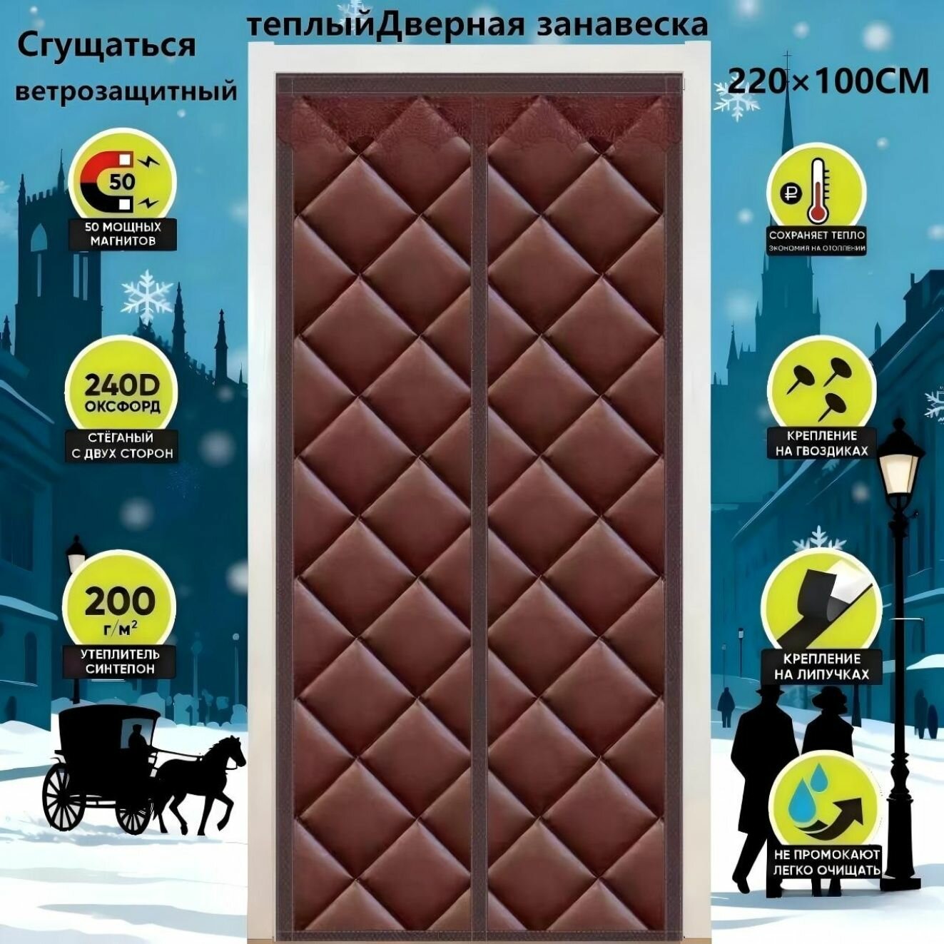Утепленная штора на дверь с магнитами 100x220 см