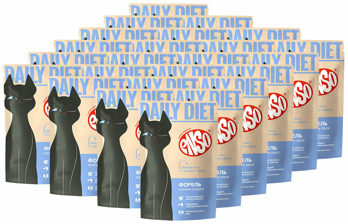 Корм влажный Enso Daily Diet для взрослых кошек для поддержания здоровья кожи и красоты шерсти, форель в соусе, 85 г х 24 шт