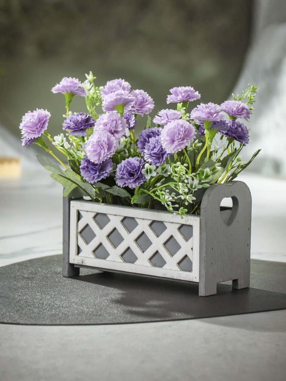 Цветок искусственный декоративный Композиция в деревянном кашпо, 19х8х7 см, фиолетовый, Y4-7932