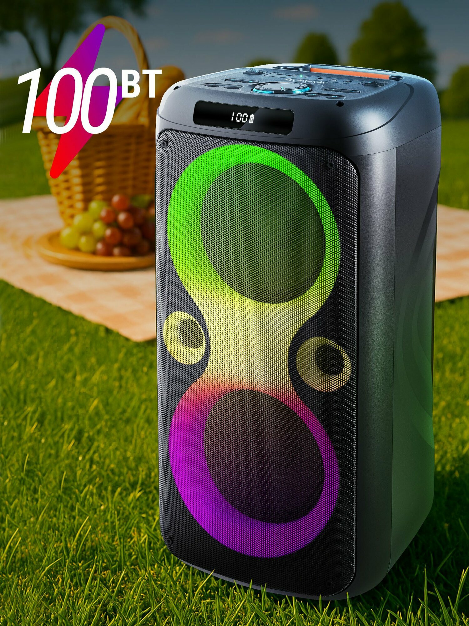 Колонка блютуз беспроводная большая Defender BOOMER 100 Вт, FM радио, USB, AUX, LED дисплей, два микрофонных входа