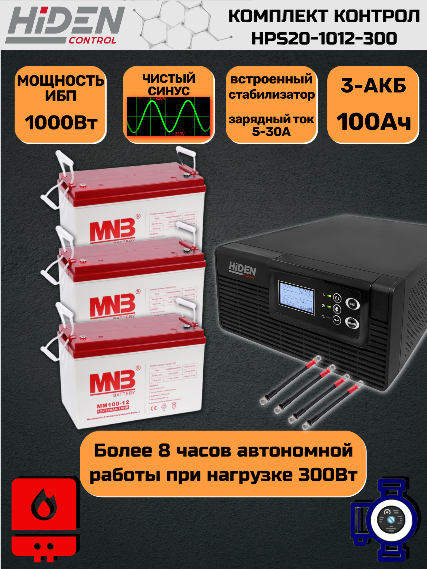 Комплект ИБП Контрол HPS20-1012-300 для газового котла и циркуляционных насосов (1000Вт, 300Ач)