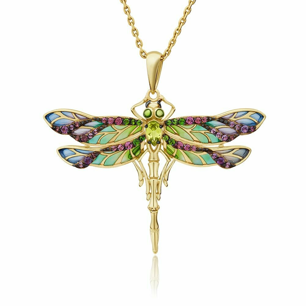 Подвеска, желтое золото, 585 проба, гранат, хромдиопсид, эмаль, аметист, хризолит