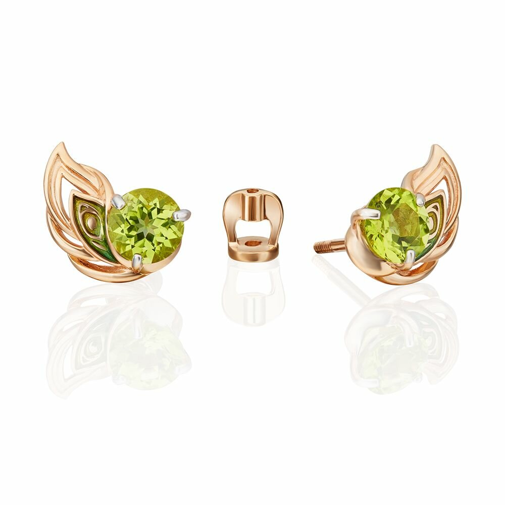 Серьги пусеты, красное золото, 585 проба, эмаль, хризолит