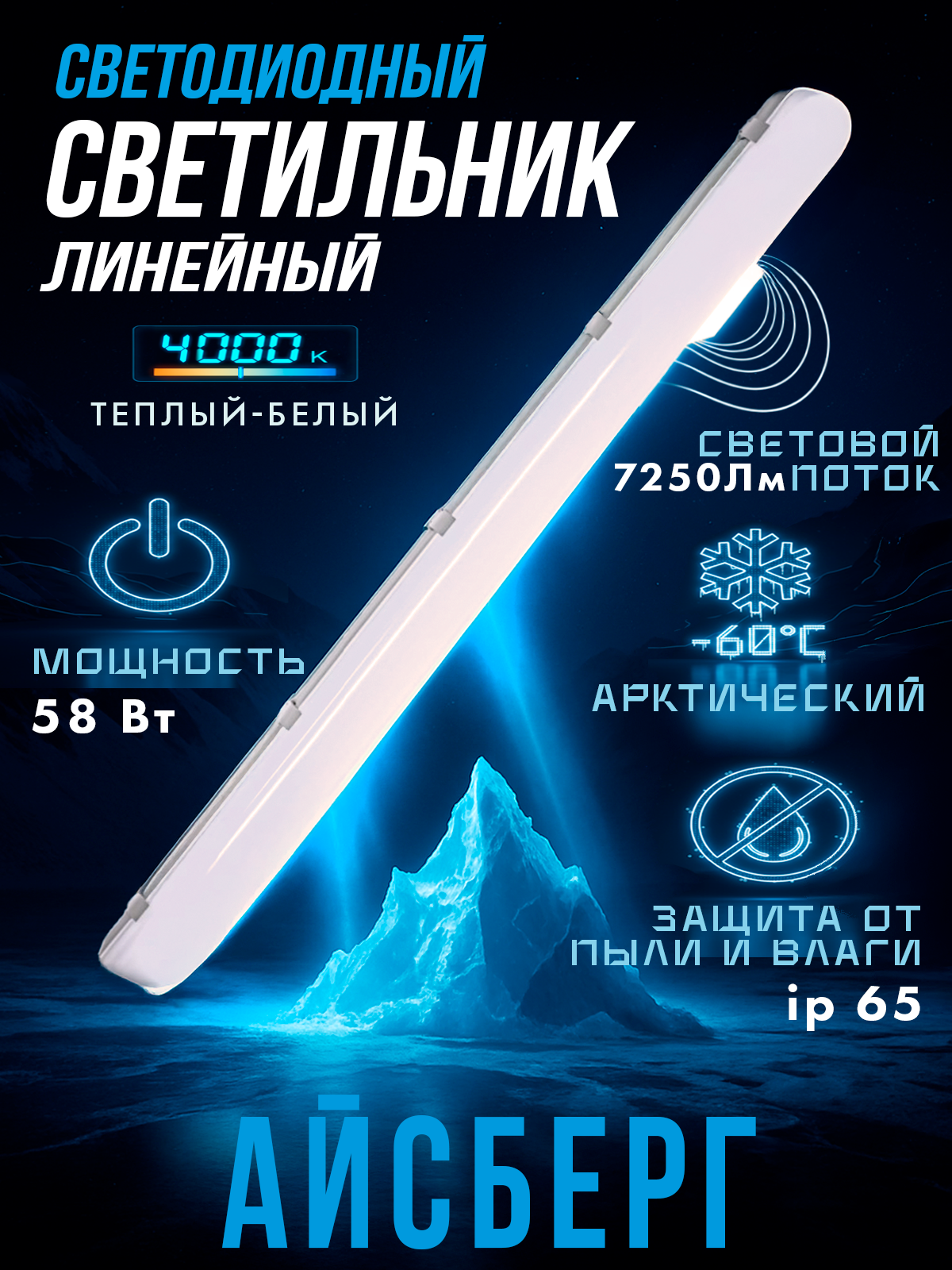 Всесветодиоды Cветодиодный потолочный светильник Aйcбeрг 58Bт, 7250Lm, 4000К, IP65, Опал, линейный