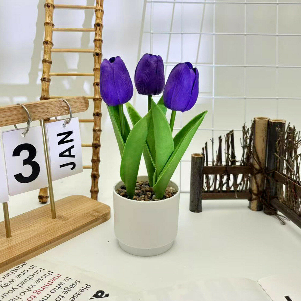 Tulip flower miniature green plant with elegant design for photography party decor and office setup, purple