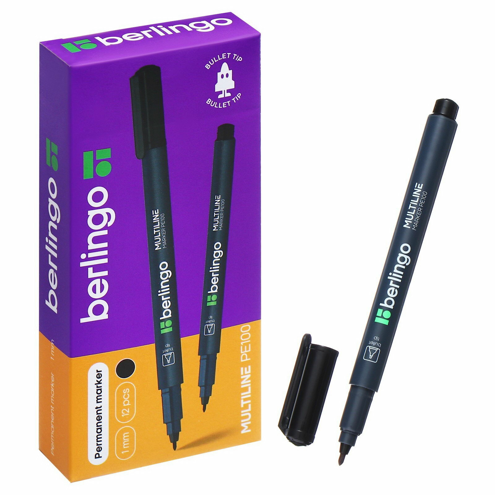 Маркер перманентный чёрный, узел 1.0 мм, цвет: чёрный, тип наконечника: пулевидный, 12 шт.