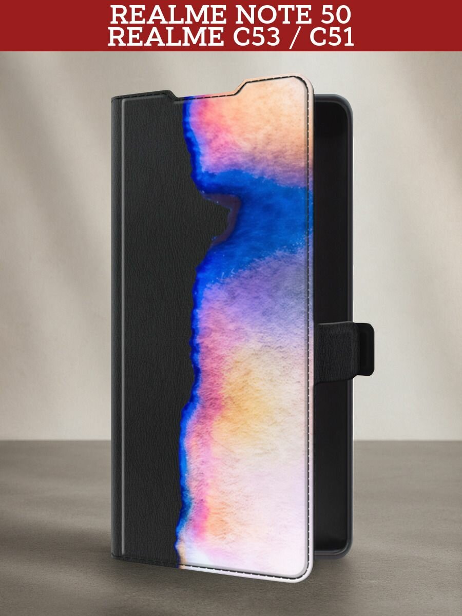 Чехол-книжка на Realme C53/C51/Note 50 / Реалми С53/С51/Ноте 50 с принтом Синяя акварель, черный