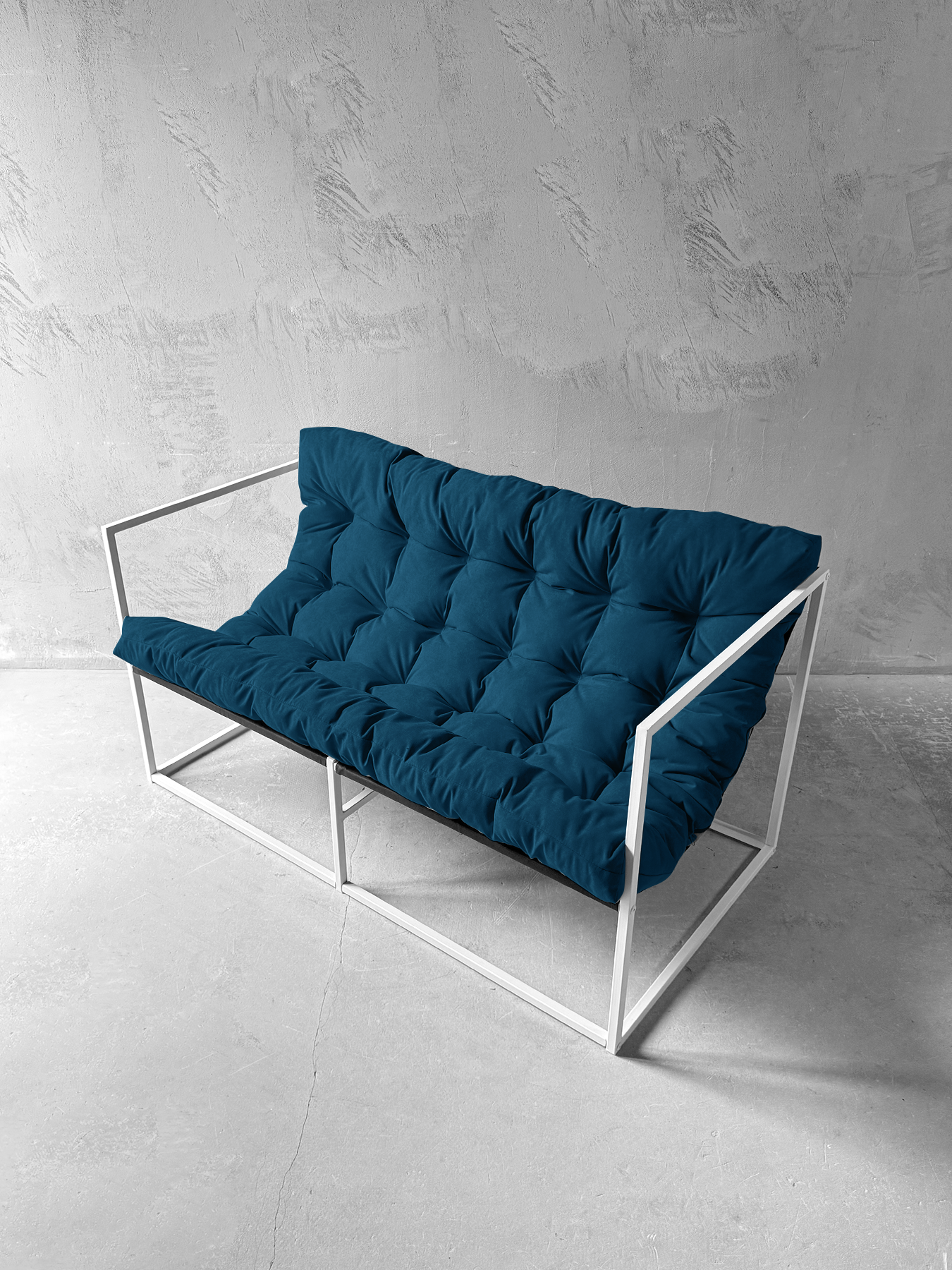 Диван лофт прямой, уличный, в офис, на балкон, на веранду, в гостинную, кухонный, Лофтовик + велюр синий , белый каркас