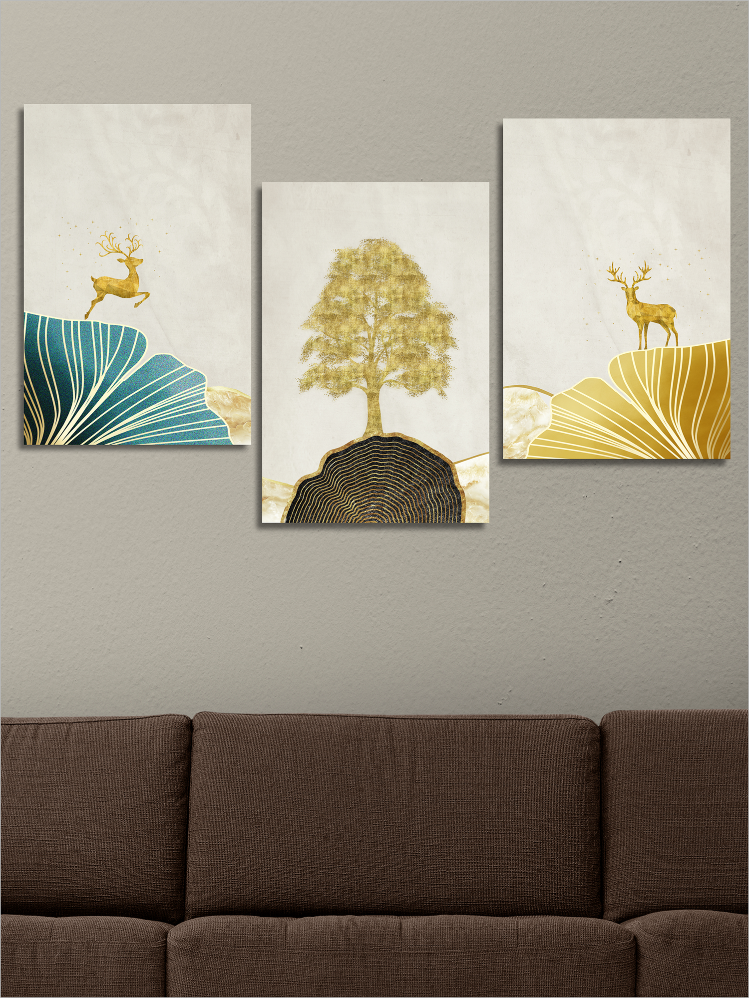 Модульная картина для интерьера на стену минимализм. Олени и золотое дерево 40х60 см - 3 штуки на холсте на подрамнике